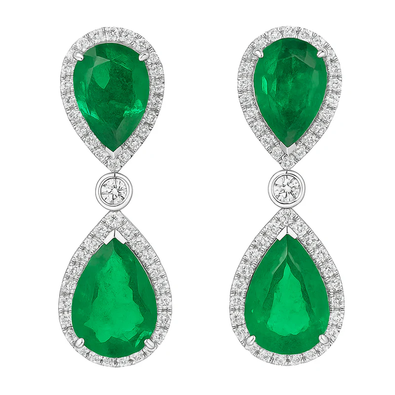 10.90ct Pear Shape Emerald and 1.17ct Diamond Halo Drop Earrings in 18 ...