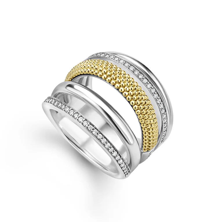 Caviar Lux Diamond 5 Row Ring in 18K Yellow Gold and Sterling Silver ...