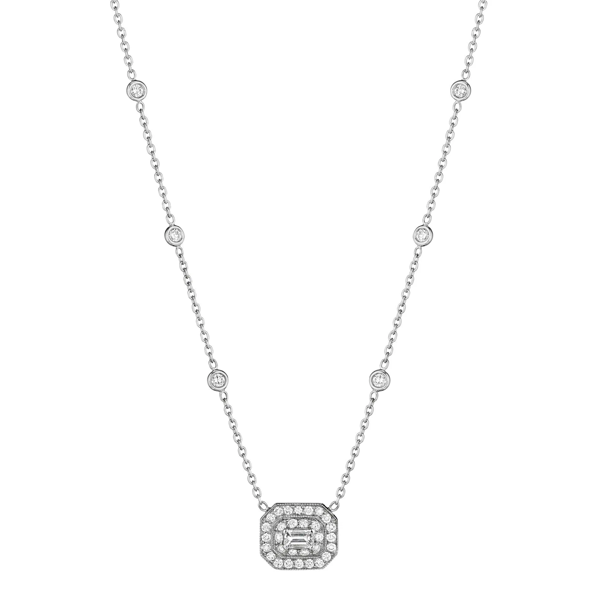 Art Deco 0.95ct Emerald Cut and Round Diamond Eyelet Necklace in 18K W ...