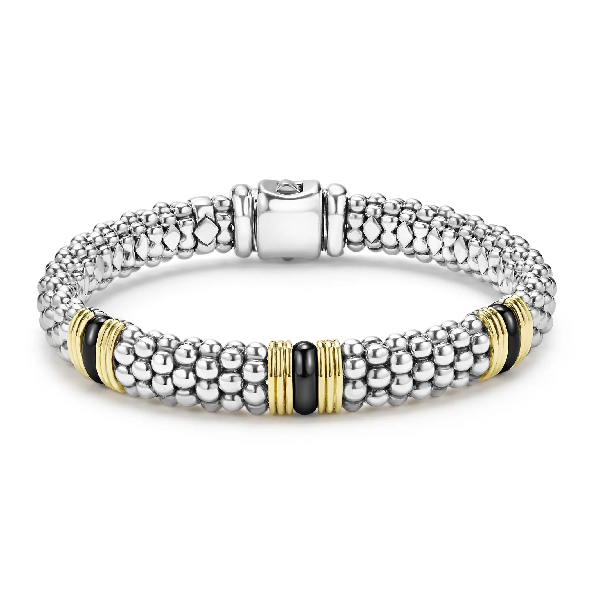 Black Caviar 9mm Stationed Rope Bracelet in Sterling Silver, 18K Yello | Schiffman's Jewelers