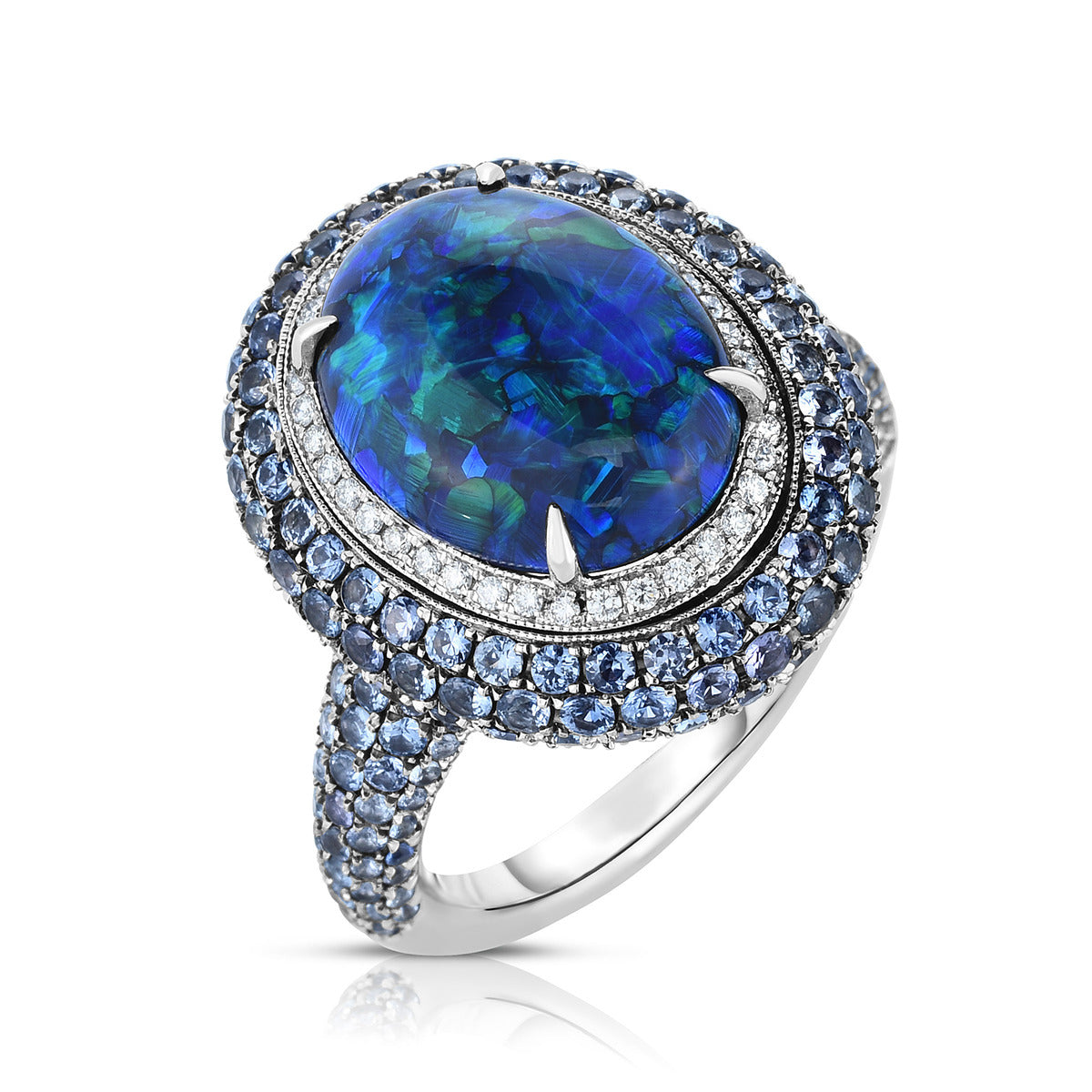Black Opal Sapphire and Diamond Double Halo Ring