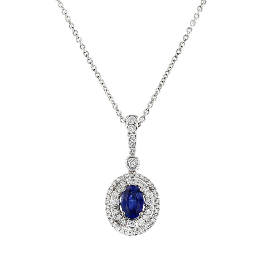 Oval Blue Sapphire Pendant With Double Halos