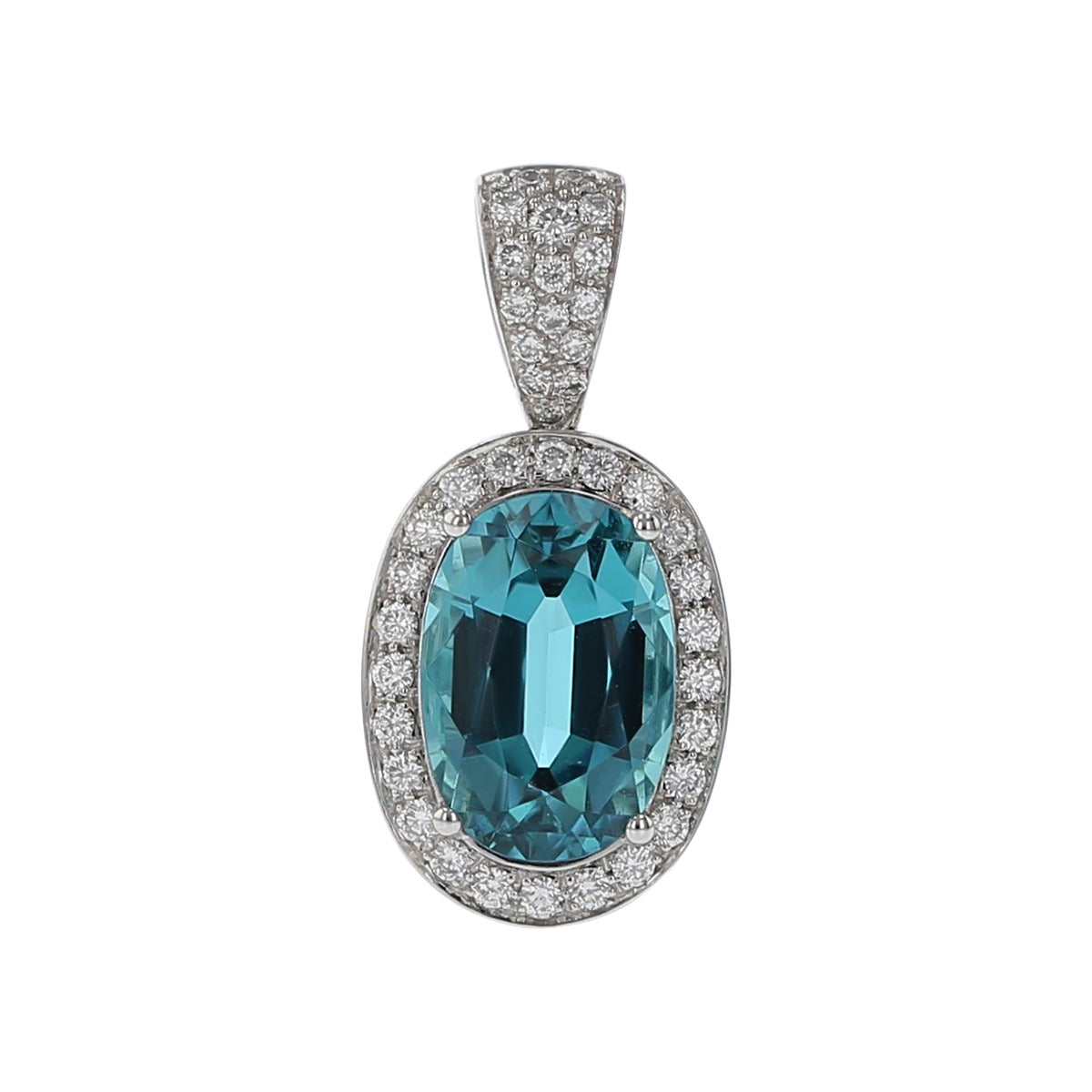 Platinum Blue Indicolite and Diamond Halo Pendant | Schiffman's Jewelers